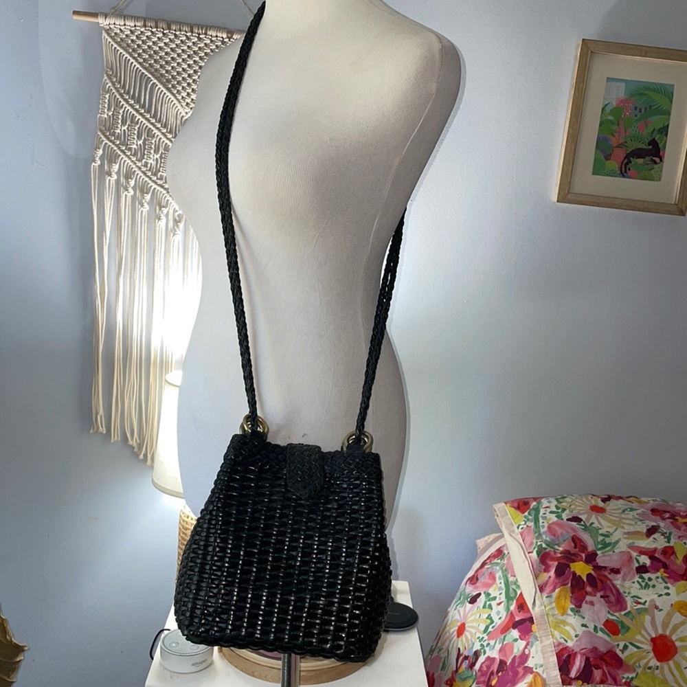 Vintage Cem Black Woven Bucket Bag Purse - Gem